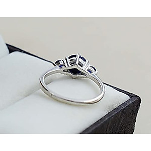 Three Stone Natural Blue Sapphire 7 MM Round Cut 925 Sterling Silver September Birthstone Cluster Unisex Proposal Ring Girlfriend Gift For Valentine Day (Rhodium Plated Silver, 6)