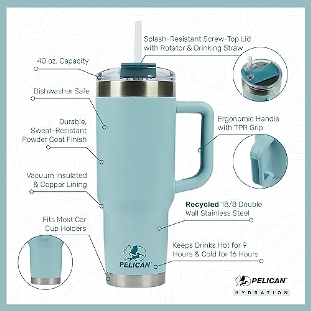 Pelican Hydration Pelican Porter™ 40 oz Vacuum Insulated Tumbler - Recycled Stainless Steel Double Wall Travel with Dual Lid, Powder Coated Insulated Coffee Mug For Hot Cold Drinks, Midnight