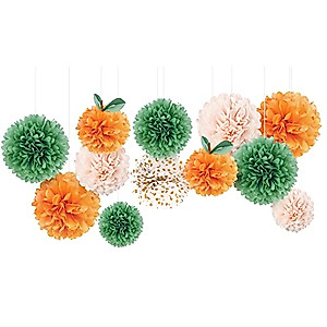 NICROHOME Little Cutie Baby Shower Decorations, 12 PCS Light Orange Green Tissue Paper Pom Poms for Party Decorations, Birthday, Spring Summer Party, Fruit Themed Parties