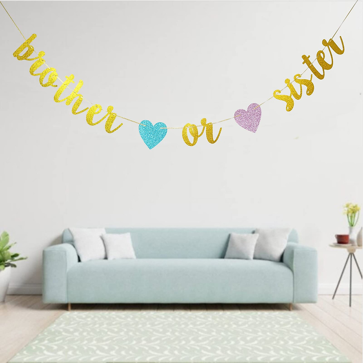 Swdthnh Gender Reveal Party Decorations - Glitter Letters Brother or Sister with Hearts Banner for Baby Shower Party Decorations, Gold