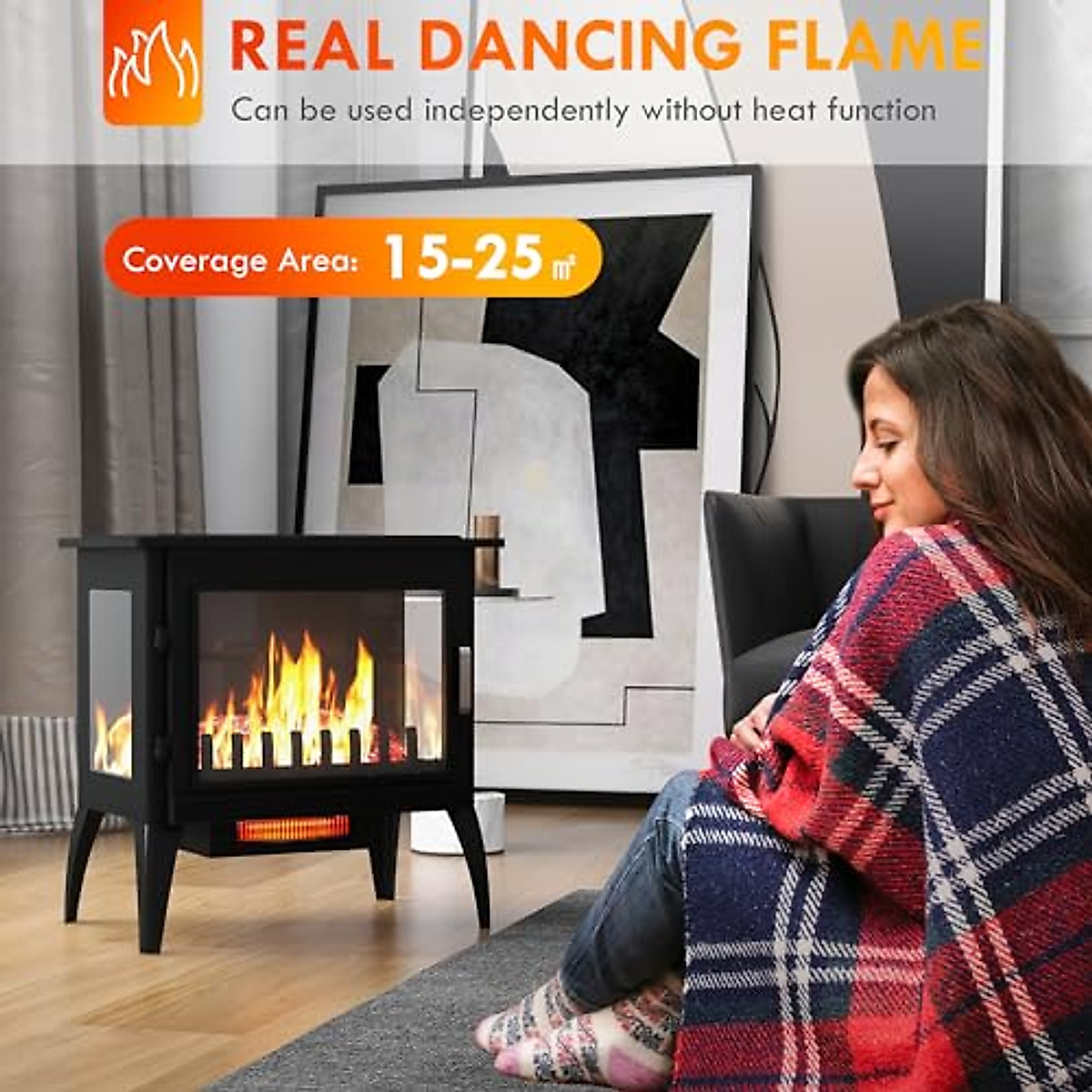 HOMCOM 24" Electric Fireplace Stove, Freestanding Fire Place Heater with Realistic Logs Flame, Adjustable Temperature, Overheat Protection, 1000W/1500W, Black