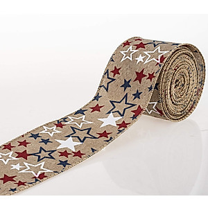 Red White Blue Stars Pattern Wired Edge Burlap Ribbon, 10 Yards by 2.5 Inches (Style 3)