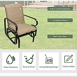 Outdoor Patio Glider Chair,Metal & Mesh Swing Rocking Lounge Comfortable Chair, for Outside Lawn,Backyard,Porch,Balcony,Pool, Brown
