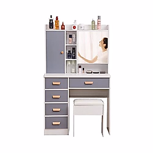 Large Vanity Desk Set with Mirror Hidden Storage, 5 Drawers, Vanities Dressing Makeup Table with 3 Storage Cabinet, for Bedroom, White