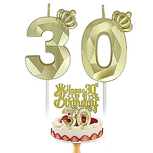 Number 30 Diamond Crown Birthday Candle (Gold)