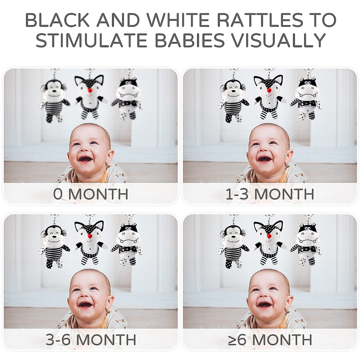 ZEIZRWK Hanging Rattles Toys White & Black Stroller Toy, Newborn Toys Infant Toys Crib Toys, Soft Plush for Stroller Car Seat Crib with Wind Chimes, Best Birthday Gift for Newborn(Fox Monkey Hippo)