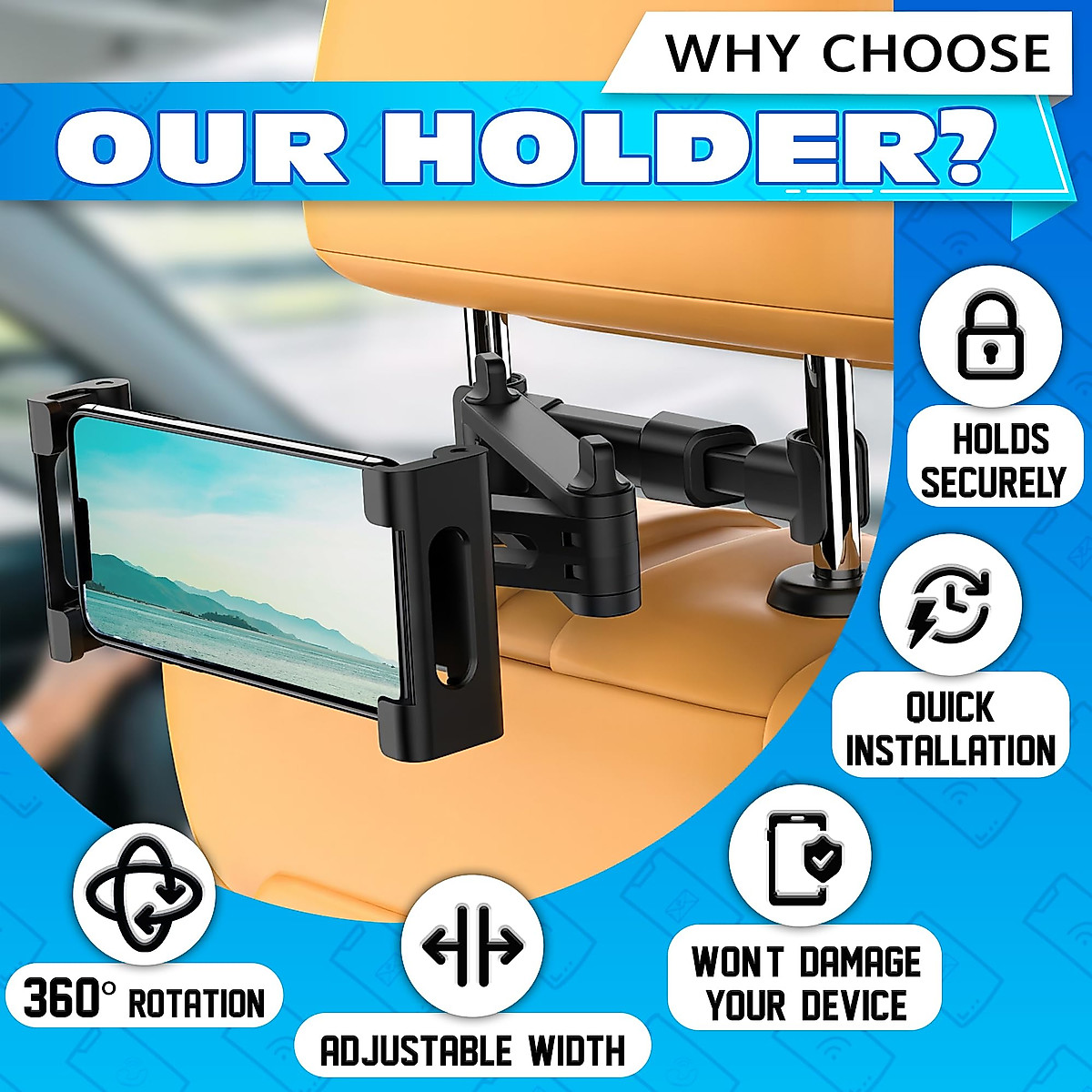 Adjustable Tablet Holder for Car Headrest 5.51-11" - Swivel Tablet Mount Car Headrest Tablet Holder Car Headrest Phone Holder Back Seat Phone Holder for Car Tablet Holder - Car Seat Phone Holder Mount