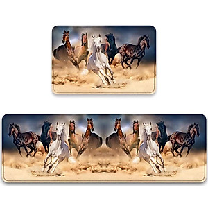 Animal Running Horse Kitchen Rug Set 2 Pieces Horses Herd Run in Desert Sand Storm Against Dramatic Sky Floor Mats Washable Doormat Anti Fatigue Non-Slip Chef Sink Runner Rugs Bedroom Area Carpet