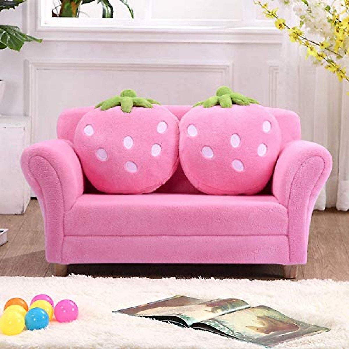 GLACER Kids Sofa with 2 Pillows, Pink Toddler Couch with Wooden Frame and Coral Fleece Surface, Toddler Lounge Bed 2 in 1, Baby Sofa Chair Children Armchair for Girls