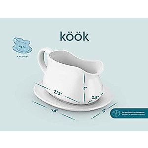 Kook Gravy Boat & Saucer, Ceramic Serving Dish, Dispenser with Tray for Sauces, Dressings and Creamer, Large Handle, Microwave and Dishwasher Safe, 17 oz, White