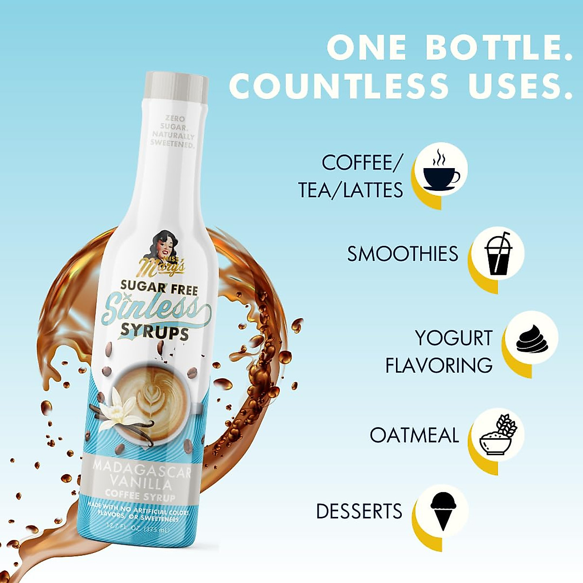 Miss Mary's Madagascar Vanilla Sugar Free Coffee Syrup- Stevia Based, No Sugar Alcohols or Sucralose, No Artificial Sweeteners, Natural Ingredients, Coffee Tea Cocoa Dessert, Keto Friendly, 1 Pack