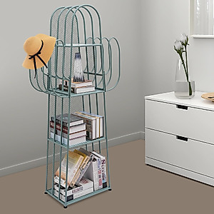 Cactus Bookshelf, 4 Tier Freestanding Cactus Shape Metal Hollow-Out Bookshelfs, Creative Book Storage Shelf Organizer for Small Space Green Cactus Bookcase for Home Living Room Bedroom (Green)