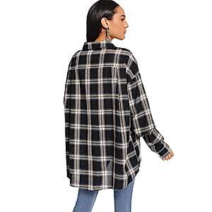 SweatyRocks Women's Long Sleeve Collar Long Button Down Plaid Shirt Blouse Tops Black Large
