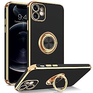 BENTOBEN iPhone 12 Case, Slim Lightweight 360° Ring Holder Kickstand Support Car Mount Shockproof Women Men Non-Slip Protective Case for iPhone 12 6.1", Black/Gold