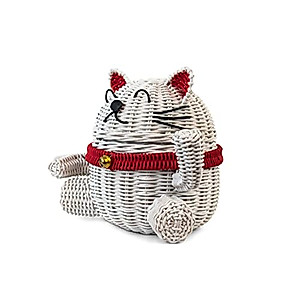 G6 COLLECTION Cat Rattan Storage Basket With Lid Decorative Bin Home Decor Hand Woven Shelf Organizer Cute Handmade Handcrafted Nursery Gift Animal Art Decoration Artwork Wicker Kitten