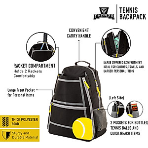 Thorza Tennis Racket Bag – Lightweight Tennis Backpack Stores 2 Racket, Balls, and Sports Gear – Tennis Racket Holder for Men and Women – Backpack Only