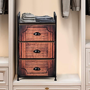 Tangkula 3 Drawer Dresser, Vertical Dresser Storage Tower with Fabric Drawers and Steel Frame, Industrial Wood Look Organizer Unit for Closet Entryway, Retro Freestanding Dresser