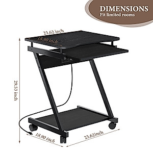 ZERDER Compact Home Office Desk for Small Space, Computer Gaming Desk with Keyboard Tray and Power Outlet, Study Workstation with Bottom Shelf, Black