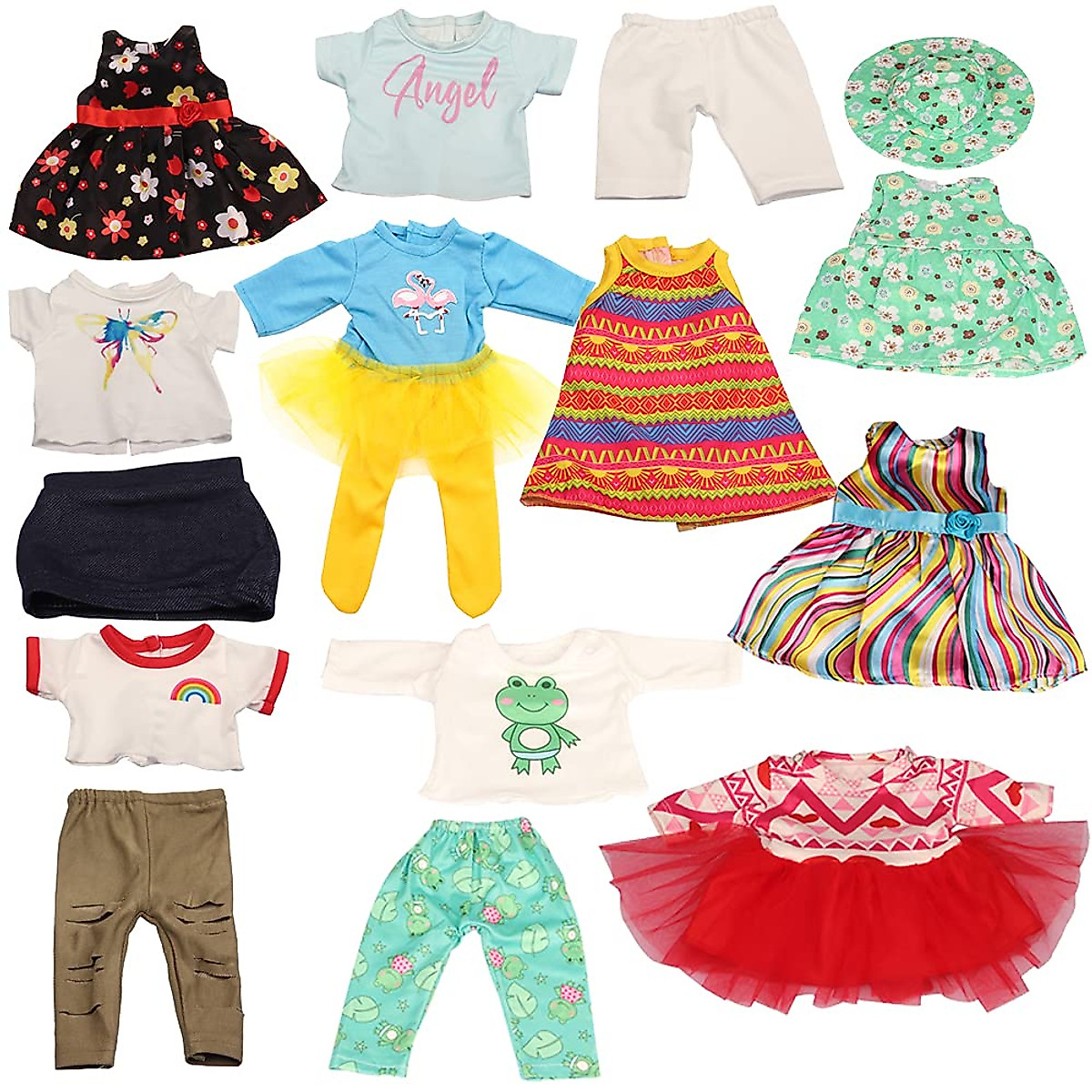 MSYO 16 Pcs 18 Inch Doll Clothes and Accessories, 10 Complete Sets of Doll Outfits, Fashionable Dresses, Frog Pajamas, Doll Pants and Tights, Mini Skirt, Doll Costumes with Hat for Cute Doll Girls