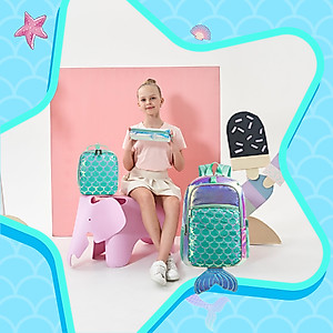 Backpack for Girls Mermaid Magic Sequin School Bag with Lunch Box Girls Backpack Set for Elementary Preschool Bookbag