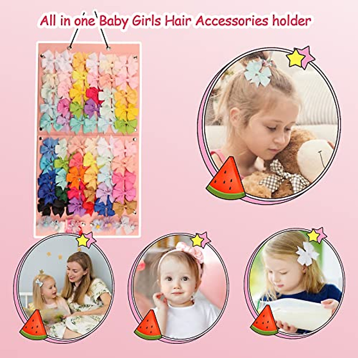 Moobibear Bow Holder Organizer for Baby Girls (With 20 hair clips), Large Capacity Hair Clip Holder, Girls Hair Accessories Storage Organizer with 16 Felts for Nursery Room