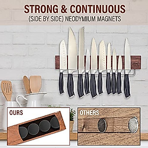 16 Inch Magnetic Knife Holder - U-Gen Real Walnut Wood Magnetic Knife Holder for Wall - Powerful Magnetic Knife Strip with Hooks - Easy to Install - Perfect for Kitchen Utensils and Knives Storage