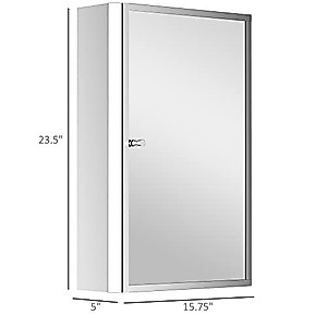 HOMCOM Bathroom Mirrored Cabinet, Vertical 16" x 24" Stainless Steel Frame Medicine Cabinet, Wall-Mounted Storage Organizer with Single Door​