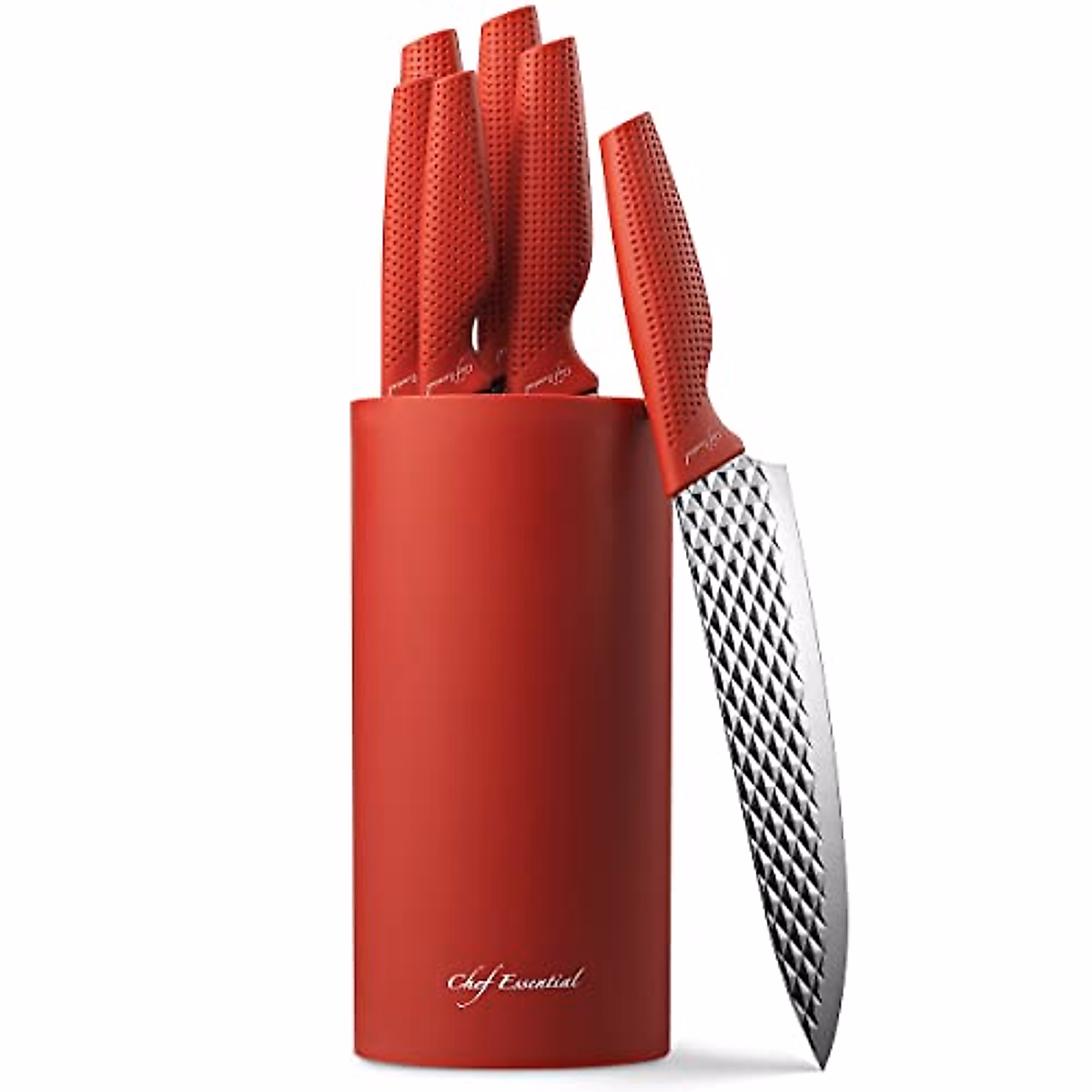 Luxury Kitchen Knife Block Set - with 6 Stainless Steel Knives, Chef Quality Utensils with Santoku, Paring, Carving, Utility, and Bread Knife Cutlery, Precision Sharp Blades, All-Purpose Use Red Set