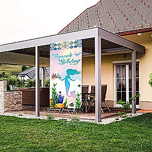 Mermaid Happy Birthday Banner Backdrop Background Castle Tropical Fish Scales Under The Sea Theme Decorations Decor for Girls Princess Daughter 1st Birthday Party Baby Shower Flag Supplies Favors