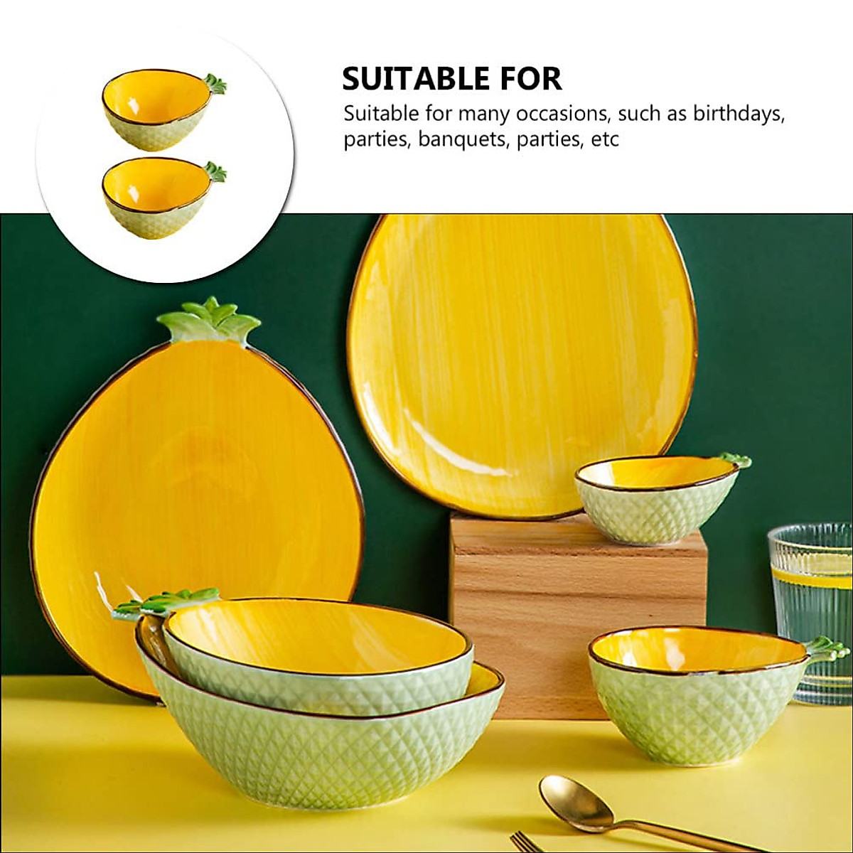 SEWACC Ceramic Hawaiian Pineapple Bowl: 2pcs Tropical Theme Porcelain Soup Oatmeal Cereal Stew Dessert Bowl Salad Pasta Rice Yoghurt Condiments Side Dishes Dip Ramen Noodle Plate