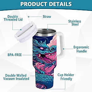Jihqo Cloud Dragon 40 oz Stainless Steel Vacuum Insulated Tumbler with Handle and Straw Lid, Leakproof Water Bottle Double Wall Travel Mug Coffee Cup, Cupholder Friendly