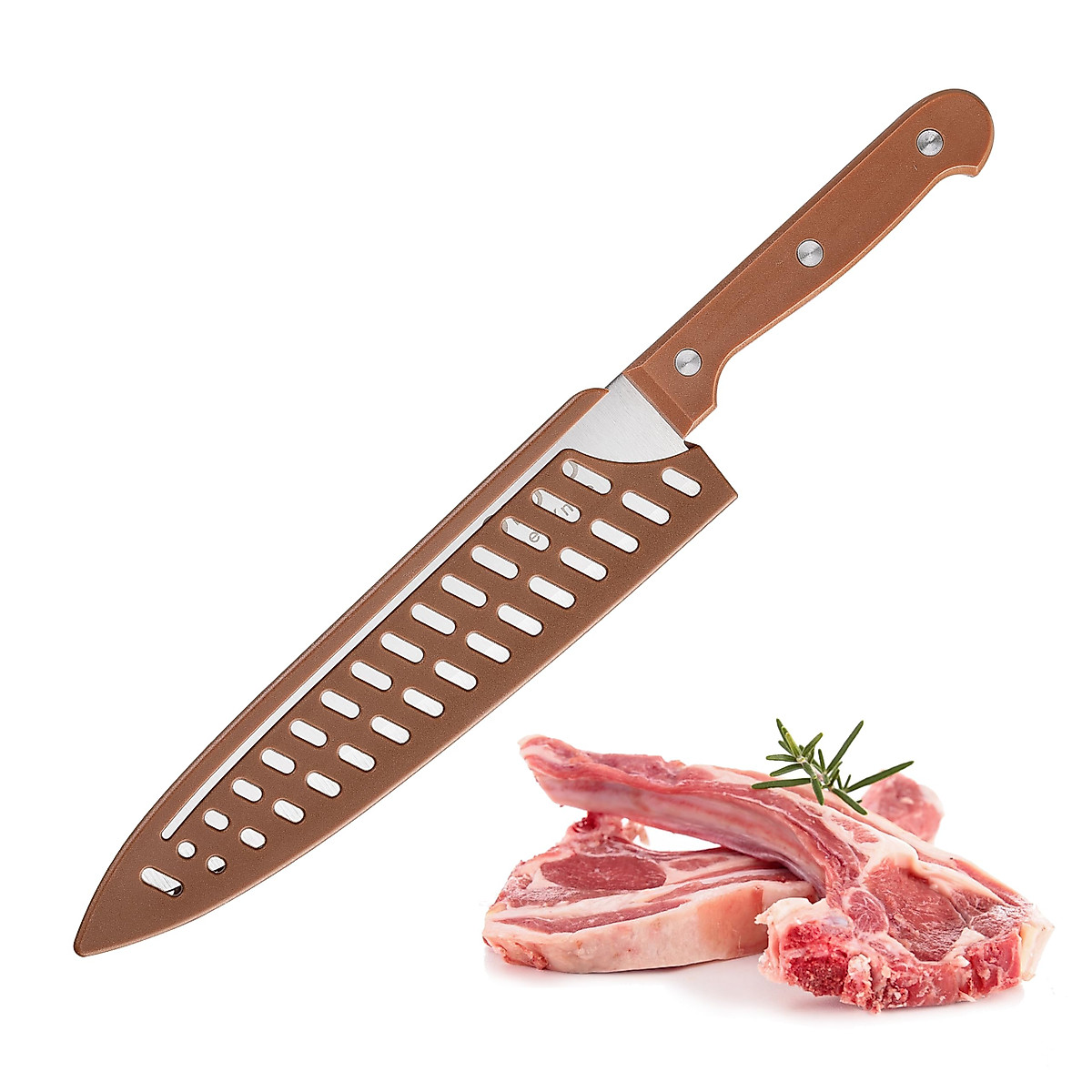 OLULU 8 inch Chef Knife, Razor Sharp Kitchen Knife with Protective Knife Sheath, Razor Sharp Slicing Knife with Ergonomic Handle, German Stainless Steel, Dishwasher Safe (Brown Color)