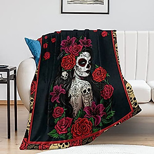Day of The Dead Sugar Skull Blanket Rose Flowers Throw Fleece Blankets Rug Soft for Gift Bed Sofa 60"X50" Lightweight Flannel Blanket Bedding