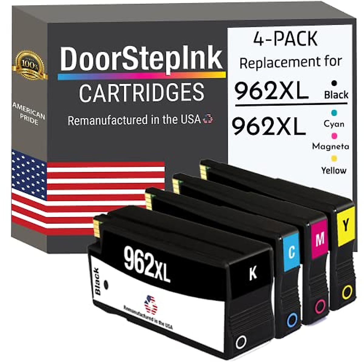 DoorStepInk Remanufactured in The USA Ink Cartridge Replacements for HP 962XL Black HP 962 Cyan, Magenta, Yellow 4 Pack for Printers HP Officejet Pro 9010, 9012, 9013, 9015, 9016, 9019, 9020, 9025