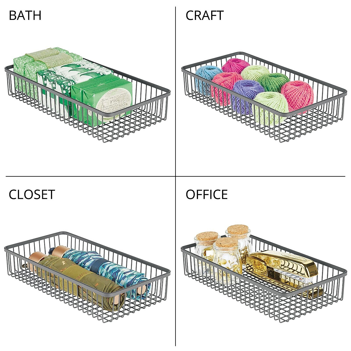 mDesign Metal Farmhouse Kitchen Cabinet Drawer Organizer Tray - Storage Basket for Cutlery, Serving Spoons, Cooking Utensils, Gadgets - 12.1" Long, 2 Pack - Graphite Gray