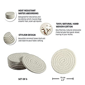 OrganiHaus Set of 6 White Farmhouse Coasters for Coffee Table | 4.3" Aethetic Boho Coasters for Drinks | Absorbent Coasters | Cute Coasters | Moisture Absorbing Coasters | Woven Fabric Cup Coasters