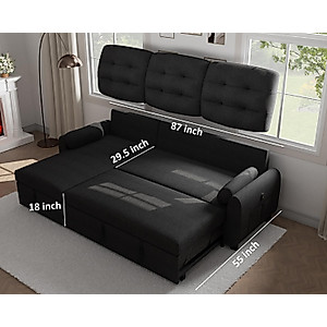 Ucloveria Sectional Sofa Couch, 87" Sleeper Sofa Bed with Reversible Storage Chaise Pull Out Couch for Living Room | Side Pocket | Charging Station | Removable Backrest | Linen Fabric, Black