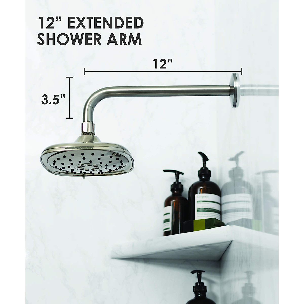 LDR Industries L-Shaped Shower Arm Extension, 12-Inch Length, Great for Rainfall and Adjustable Showerheads, Brushed Nickel Finish