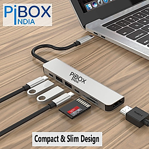 pibox India - USB C Hub Dock- 7 in 1 with HDCP 2.2, Aluminum Type C Adapter with 4K HDMI Port, USB 3.0 Port, USB-C Power Delivery, TF/SD Card Reader, MacBook Air, Pro/Dell (Grey)