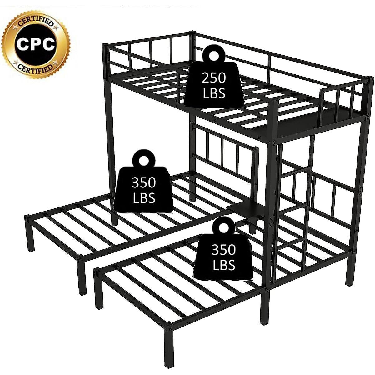Bellemave Metal Triple Bunk Beds Frame, Twin Over Twin & Twin Bunk Bed with Guardrails, Can Be Separated into 3 Twin Beds for Kids, Teens, Adults, No Box Spring Needed (Black)