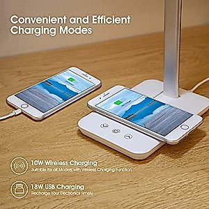 Fasiphe LED Foldable Desk Lamp with Wireless Charger and USB Port, Touch Control, Cold and Warm with 3 Levels Brightness Eye-Protective Reading Lights, Table Lamps for Home Office White