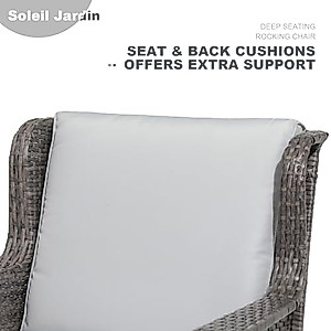 Soleil Jardin Outdoor Resin Wicker Rocking Chair with Cushions, Patio Yard Furniture Club Rocker Chair, Gray Wicker & Light Gray Cushions, Set of 2