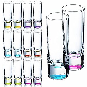 Vivimee 12 Pack Colored Shot Glass Set, 2 oz Heavy Base Tall Glass Set, Clear Shot Glasses Bulk, Tequila Cups Small Glass, Shot Glasses for Whiskey, Tequila, Vodka, Spirits & Liquors