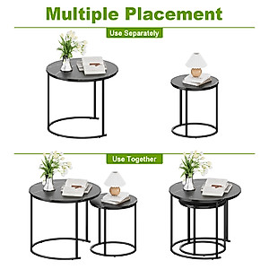 RRG Coffee Table Nesting Black Set of 2 Side - Black Frame and Round Black Marble Wood Table, Industrial End Table Side Tables for Living Room Bedroom Apartment Balcony Yard, Black Marble