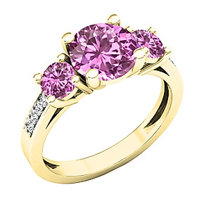 Dazzlingrock Collection 7 MM Centre & 4 MM Side Round Lab Created Pink Sapphire with Natural White Diamond Women Three Stone Engagement Ring | 10K Yellow Gold, Size 7