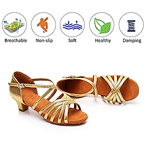 DKZSYIM Girls&Women's Satin Latin Dance Shoes Professional Ballroom Salsa Practice Performance Dancing Shoes, WH-BDJ-Gold,13.5 M Little Kid