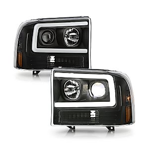 AKKON - Fits 1999-2004 Ford F250/F350/F450/F550 Super Duty Excursion LED Parking Tube Projector Black Headlights Pair Left+Right
