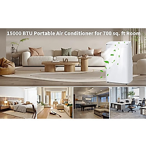 DENBIG Portable Air Conditioner, 15,000 BTU Portable AC Unit with Built-in Dehumidifier and Multi-speed Fan for Room up to 500-700 Sq. Ft, Remote Control, 24-Hour Timer, and Installation Kit, White