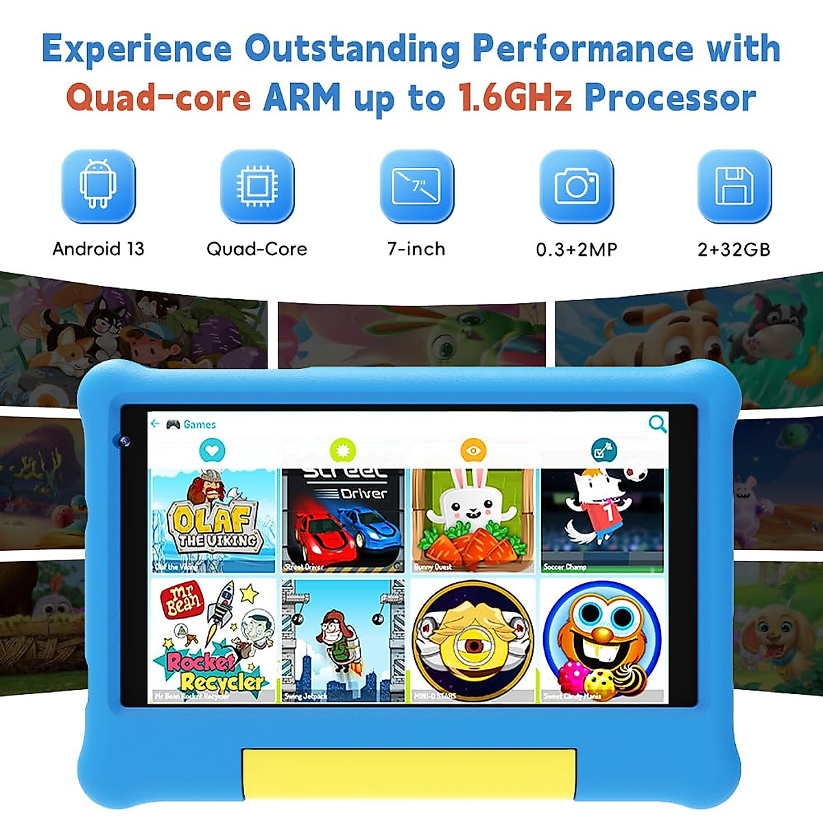 ApoloMedia 7-inch Kids Tablet, Quad Core Android 13 Tablet for Kids, 2+32GB, Dual Camera, Educationl Games, Parental Control, Kids Software Pre-Installed (Blue)