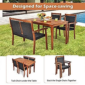Tangkula 4 Pieces Patio Dining Set for 4, Patiojoy Space-Saving Outdoor Acacia Wood Dining Table and PE Rattan Chairs Set with 1.9” Umbrella Hole, for Garden, Backyard, Deck, Poolside, Balcony